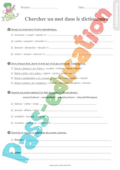 Chercher un mot dans le dictionnaire – Ce2 – Étude de la langue – Exercices avec les corrigés ...