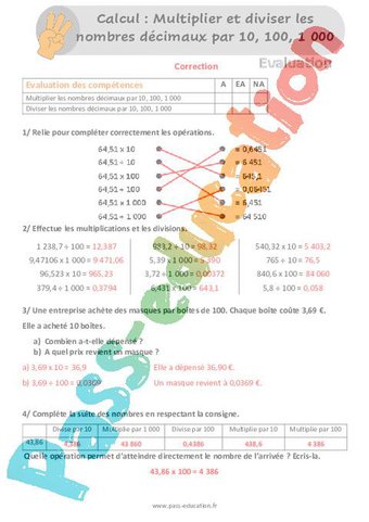 Multiplier et diviser les décimaux par 10, 100, 1000 – Évaluation, bilan au Cm1 et Cm2 avec la ...