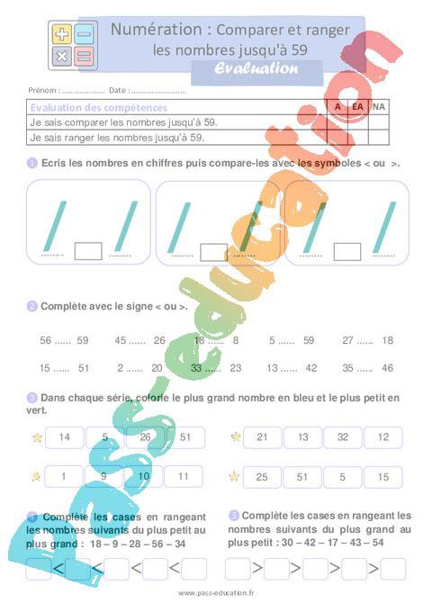 Comparer et ranger les nombres jusqu’à 59 – Ce1 – Evaluation – Cycle 2 ...