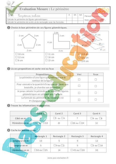Le périmètre au CM1 – Evaluation: QCM – Quiz – PDF à imprimer par Pass ...