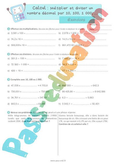 Multiplier et diviser un nombre décimal par 10, 100, 1 000 – Exercices ...