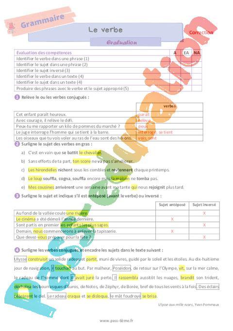 Le verbe et son sujet – Evaluation de grammaire pour la 6ème – PDF à ...