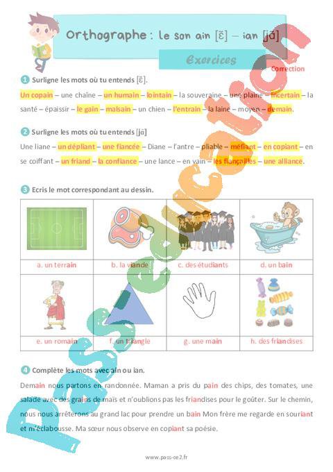 Son ain [ɛ̃] – ian [jɑ̃] – Exercices d’orthographe pour le ce2 – Cycle ...