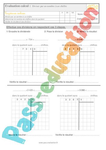 Diviser par un nombre à un chiffre au Cm1 – Evaluation et bilan avec le ...