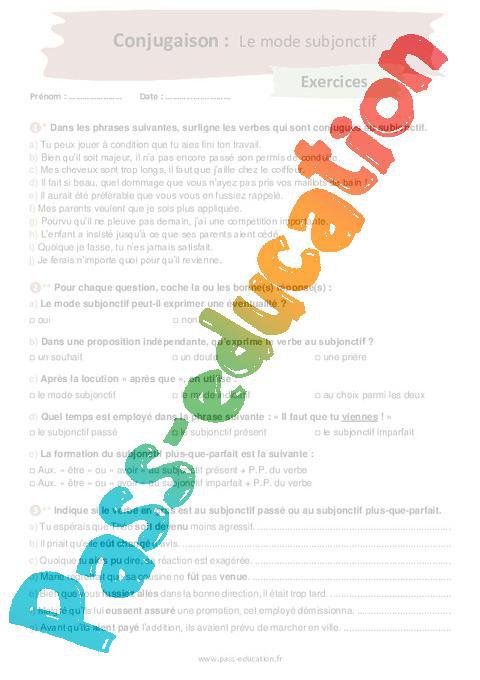 Le mode subjonctif – 4ème – Exercices corrigés – Cycle 4 – PDF à imprimer par Pass-education.fr ...