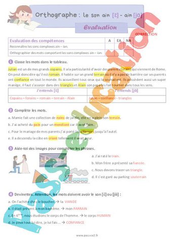 Son ain [ɛ̃] – ian [jɑ̃] – Évaluation d’orthographe pour le ce2 – PDF à ...