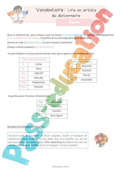 Lire un article de dictionnaire – Leçon de vocabulaire pour le cm1 ...