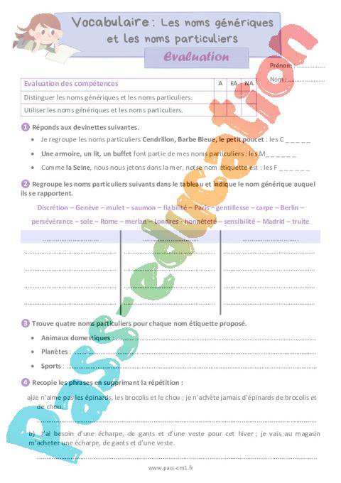 Les noms génériques et les noms particuliers – Évaluation de ...