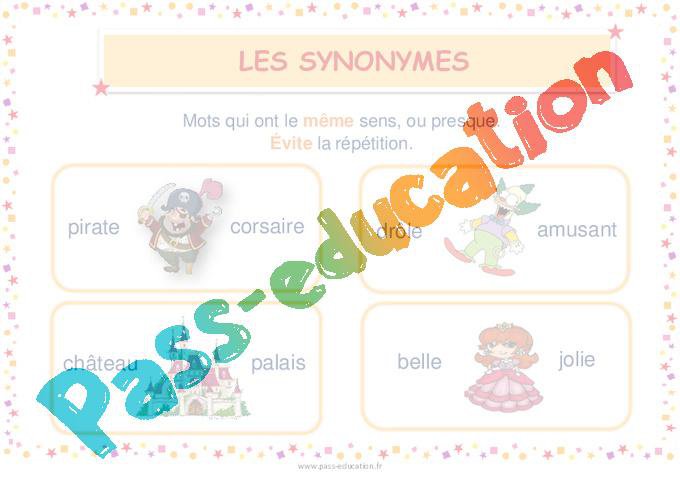 Synonymes – Cycle 2 – Affiche de classe – PDF à imprimer par Pass ...