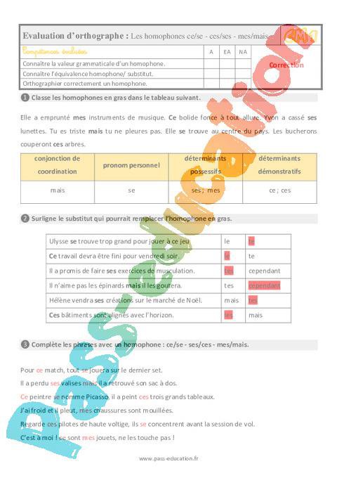 Les homophones : ce /se – ces/ses – mais/mes au Cm1 – Évaluation, bilan ...