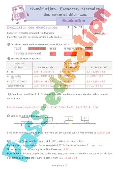 Encadrer, intercaler des nombres décimaux – Evaluation de numération ...