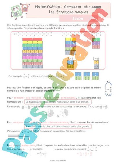 Comparer et ranger les fractions simples – Leçon de numération pour le ...