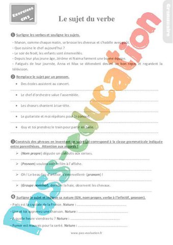 Le sujet des verbes au Cm2 – Evaluation et bilan avec la correction ...
