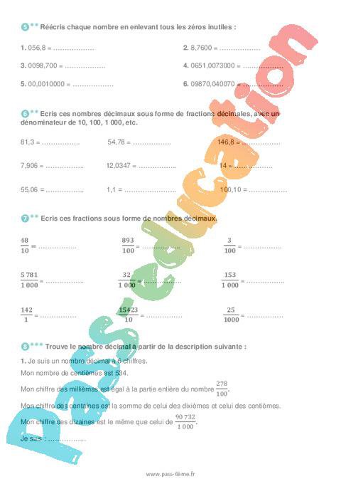 Fraction décimale et nombre décimal – Exercices, révisions – 6ème ...
