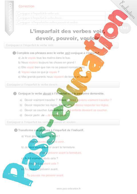 L’imparfait des verbes voir, devoir, vouloir, pouvoir – CM1 – Evaluation – Bilan – Cycle 3 – PDF ...