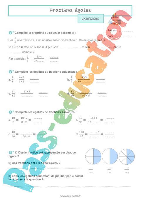 Fractions égales – Exercices de 6ème – PDF à imprimer par Pass ...