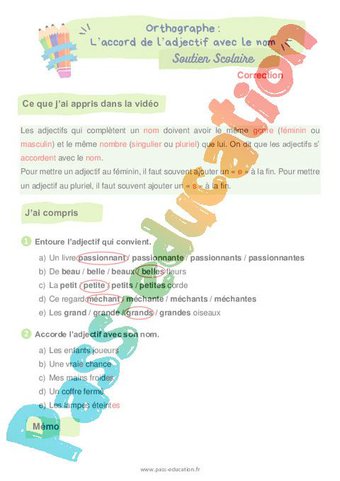 L’accord de l’adjectif avec le nom – Ce2 – Soutien scolaire pour les ...
