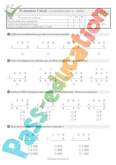 La multiplication à un chiffre au CE2 – Evaluation: QCM – Quiz – PDF à ...