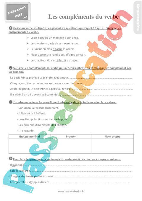 Les compléments du verbe au CM1 – Evaluation et bilan – PDF à imprimer ...