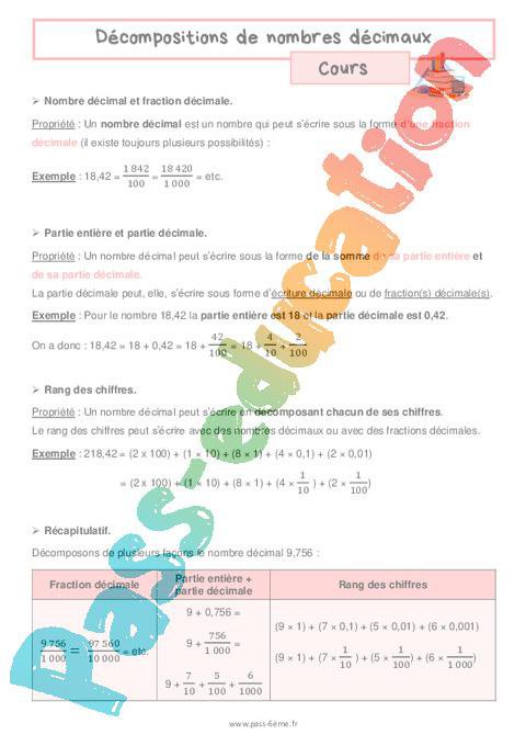 Décompositions de nombres décimaux – Cours de numération pour la 6ème ...