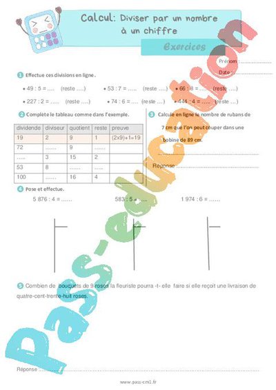 Diviser par un nombre à un chiffre – Exercices de calcul pour le cm1 ...