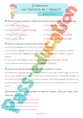 Les fonctions de l’adjectif – Exercices de grammaire pour le cm1 ...
