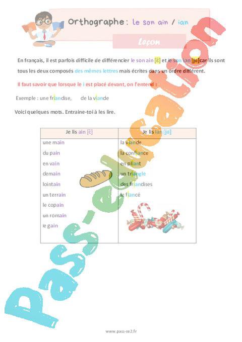Son ain [ɛ̃] – ian [jɑ̃] – Leçon d’orthographe pour le ce2 – PDF ...