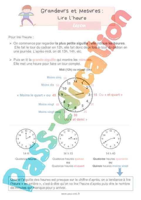 Lire l’heure – Leçon de grandeurs et mesures pour le cm1 – PDF gratuit ...