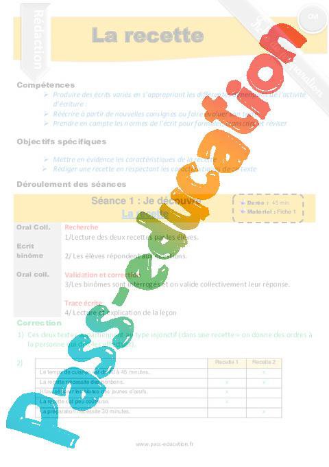 Ecrire une recette – CM2 – Production d’écrit – Fiche de préparation ...