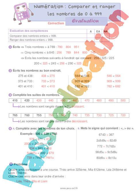 Comparer et ranger les nombres de 0 à 999 – Évaluation de numération ...