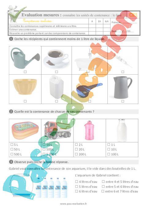 Connaître les unités de contenance : le litre au CE1 – Evaluation: QCM ...