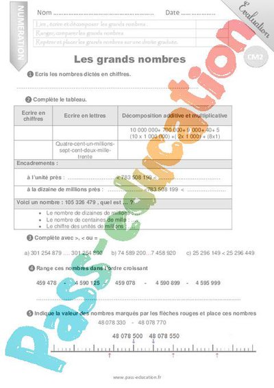 Les grands nombres – CM2 – Evaluation globale – Bilan – Cycle 3 – PDF à ...