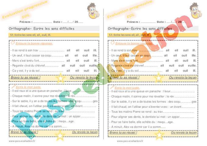Ecrire les sons eil ail ouil ill au CE2 – Evaluation progressive avec ...