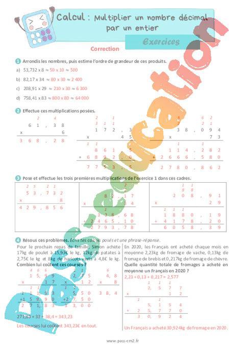 Multiplier un nombre décimal par un entier – Exercices de calcul pour le cm2 – PDF à imprimer ...