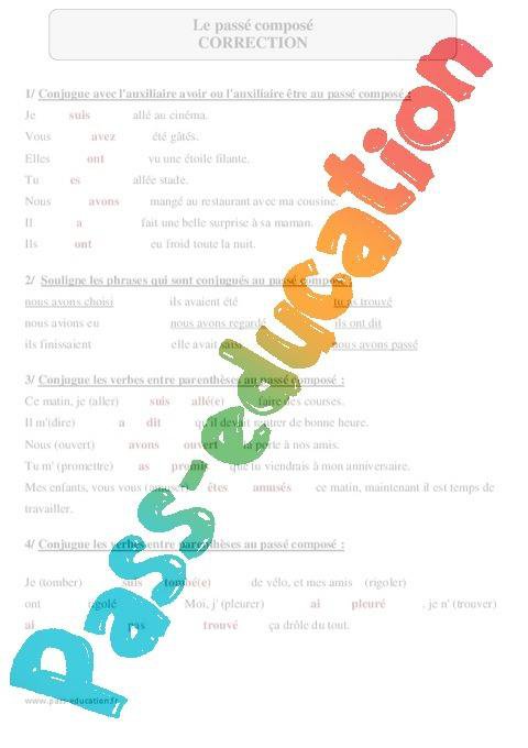 Passé composé – Cm1 – Exercices corrigés – Conjugaison – Cycle 3 – PDF ...