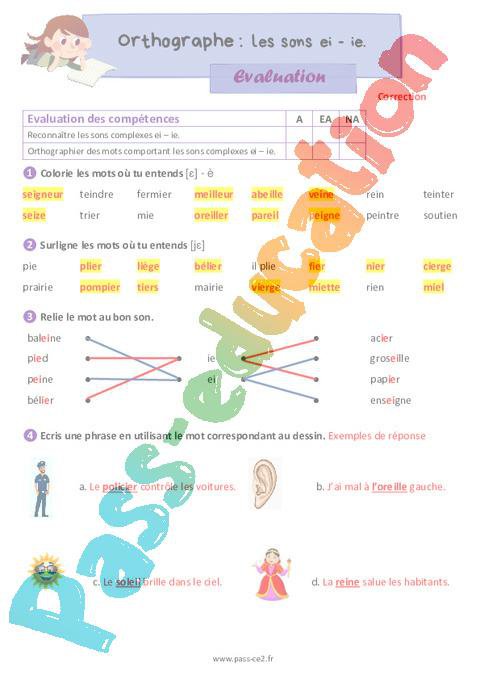 Les sons ei – ie – Évaluation d’orthographe pour le Ce2 – PDF à ...