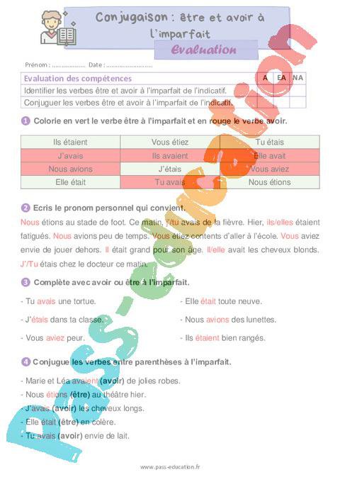 Être et avoir à l’imparfait – Évaluation de conjugaison pour le ce1 ...