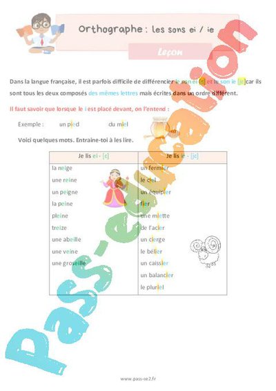 Les sons ei – ie – Leçon d’orthographe pour le ce2 – PDF gratuit à ...