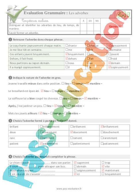 Les adverbes au Cm1 – Evaluation: QCM – Quiz – PDF à imprimer par Pass ...