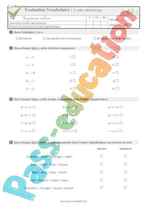 L’ordre alphabétique au CE1 – Evaluation: QCM – Quiz – PDF à imprimer ...
