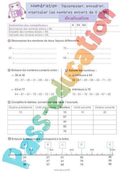Décomposer, encadrer et intercaler les nombres de 0 à 99 – Évaluation ...