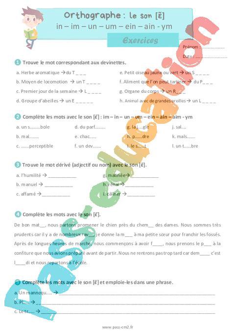 Le son [ɛ̃] : In – im – un – um – ein – ain – ym – Exercices d ...