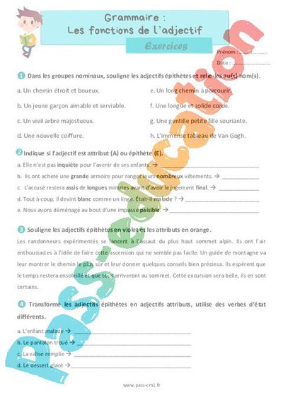 Les fonctions de l’adjectif – Exercices de grammaire pour le cm1 ...