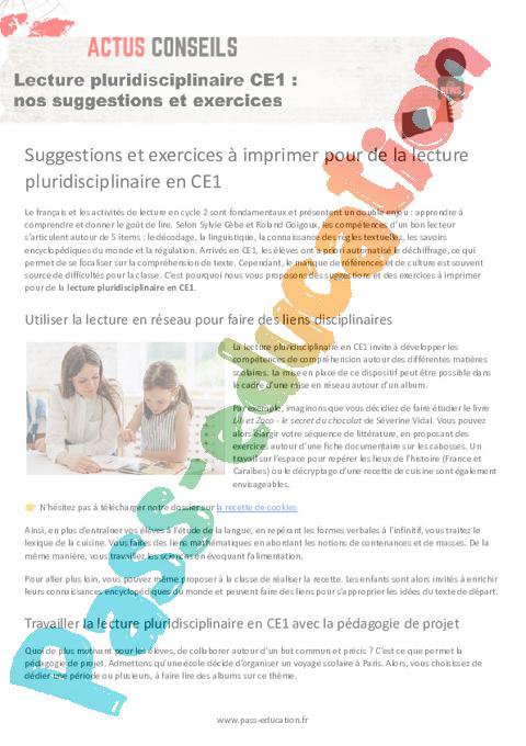 Lecture pluridisciplinaire CE1 : nos suggestions et exercices par Pass ...