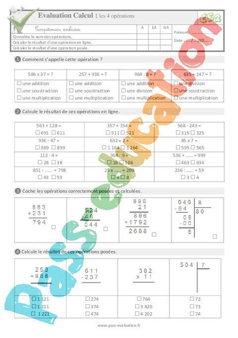 Les 4 opérations au CE2 – Evaluation: QCM – Quiz – PDF à imprimer par ...