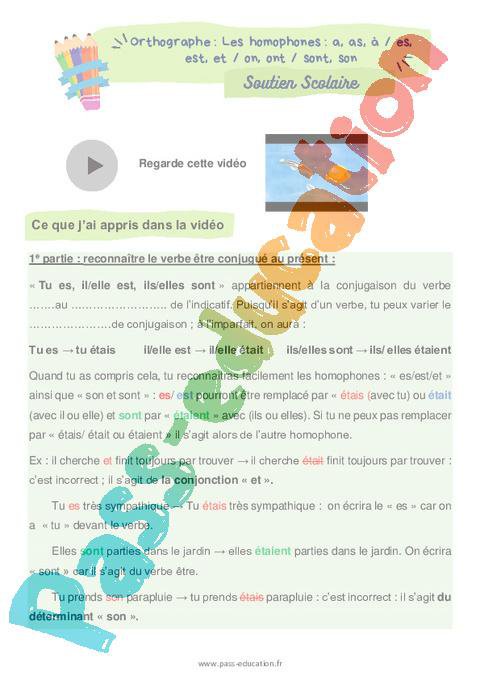 Les homophones : a, as, à / es, est, et / on, ont / sont, son – CM2 ...