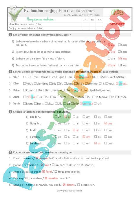Le futur des verbes aller, voir, venir, dire, faire au Ce2 – Evaluation ...