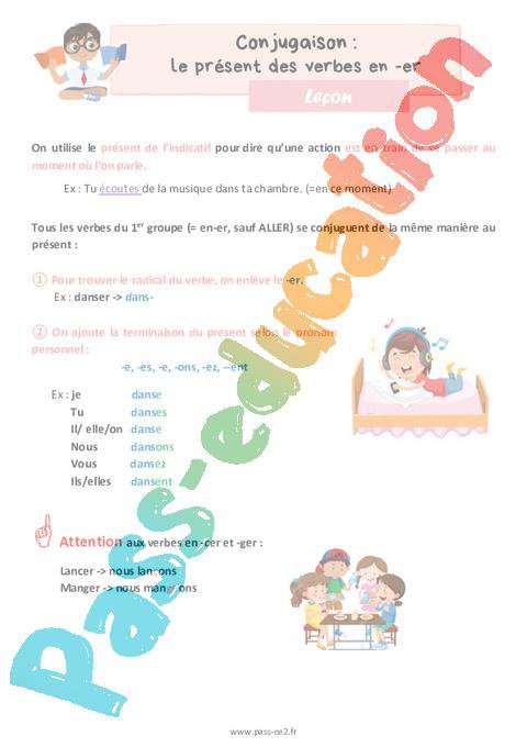 Le présent des verbes en -er – Leçon de conjugaison pour le ce2 – PDF ...