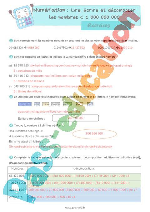 Lire, écrire et décomposer les nombres inférieur à 1 000 000 000 ...