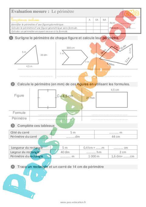 Mesurer le périmètre au Cm2 – Évaluation, bilan – PDF à imprimer par ...